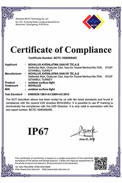Certificate - Novalux Lighting